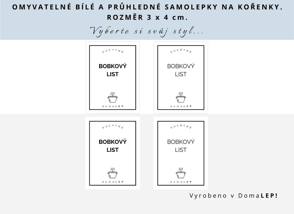 BOBKOVÝ LIST - Samolepka na kořenky 3 x 4 cm - DomaLEP varianta: BÍLÁ - základní písmo