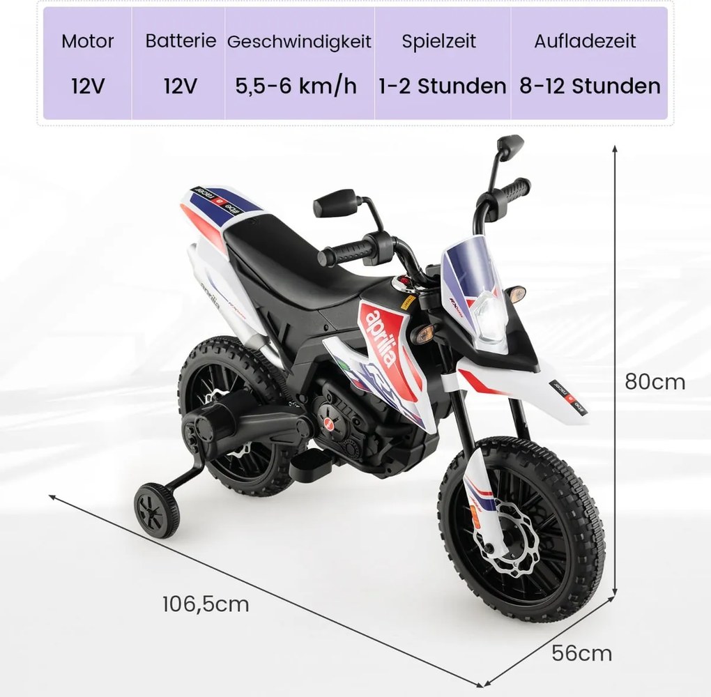Costway Elektrická dětská motorka Aprilia s tréninkovými koly a hudbou a – bílý