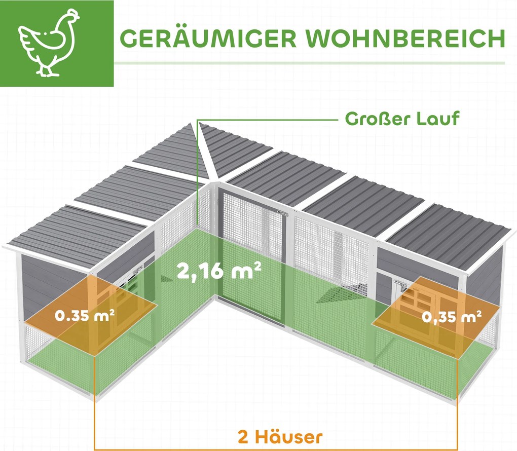 Kurník Dřevěný kurník ve tvaru písmene L se 2 kurníky, 2 úrovně, výběh, rampa, 251 x 192 x 103 cm Šedý