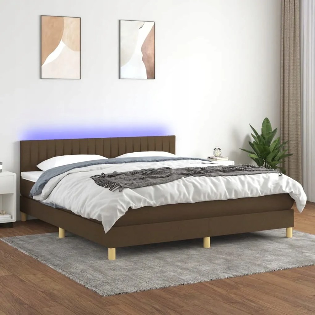 Box Spring Postel S Matrací A Led Textil Tmavě Hnědá Svislé pruhy 180 x 2