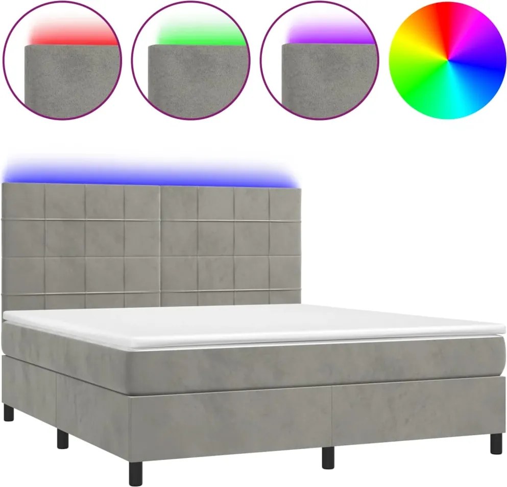 Box spring postel s matrací a LED světle šedá 180x200 cm samet 3136137