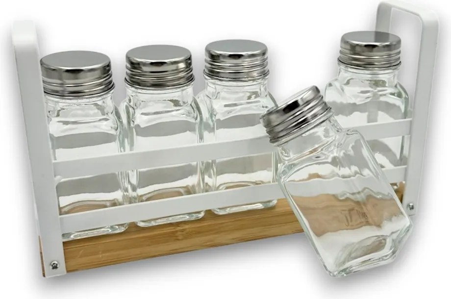5Five® Sada 5ks hranatých kořenek v praktickém stojánku BALM, bílý kov, dřevo, 21,8 x 5,2 x 12,6 cm