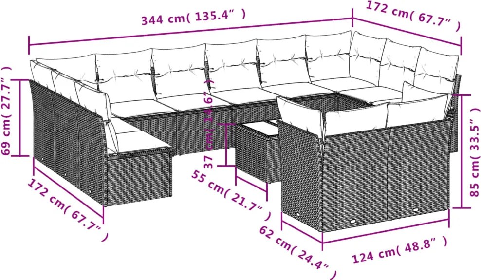 13dílný zahradní sedací souprava s poduškami černý polyratan 3218435