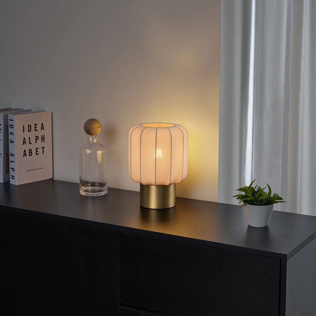 Japandi stolní lampa zlatá s béžovým stínidlem - Pluni