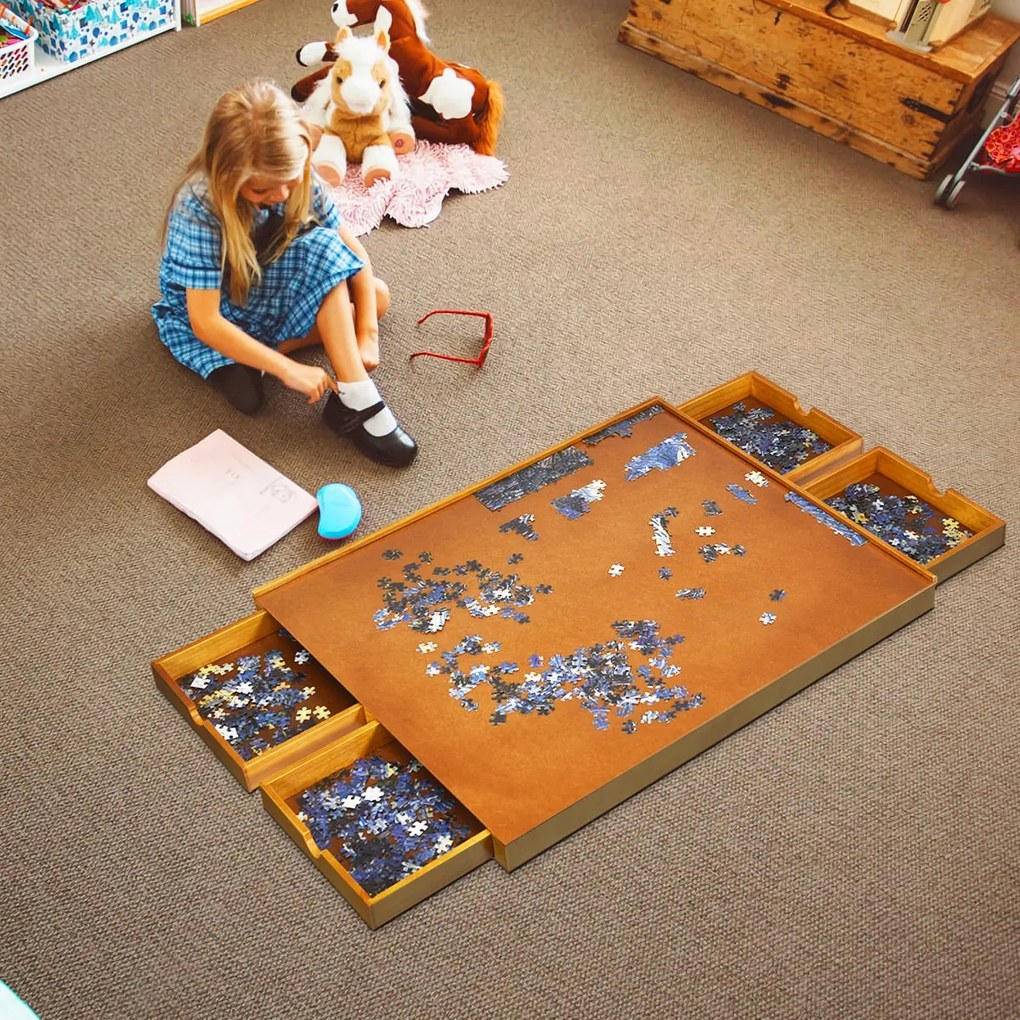Costway Puzzle stolek s 4 zásuvkami Puzzle deska dřevo – 80 × 65 cm