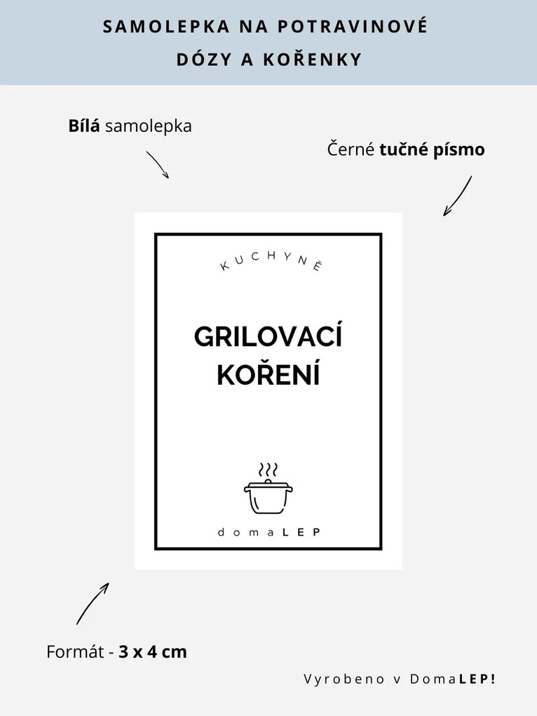 Samolepka na kořenky GRILOVACÍ KOŘENÍ bílá 3 × 4 cm tučné písmo