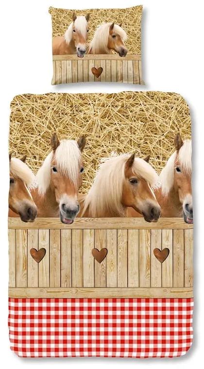 Červené dětské bavlněné povlečení Good morning Horses, 135 x 200 cm