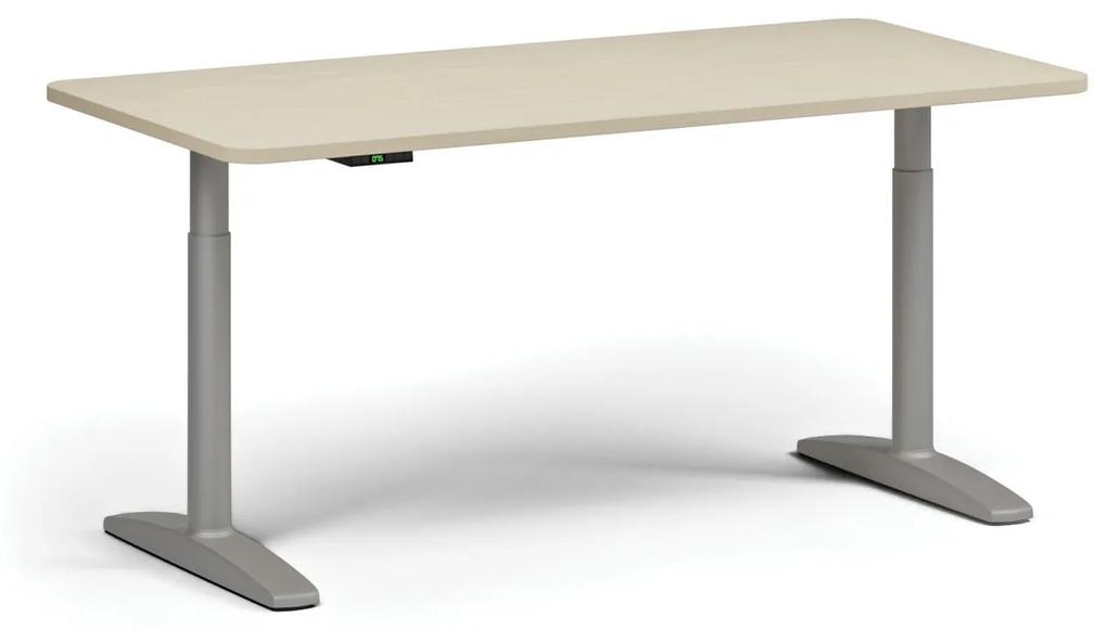 Výškově nastavitelný stůl OBOL, elektrický, 675-1325 mm, zaoblené rohy, deska 1600x800 mm, šedá zaoblená podnož, bříza