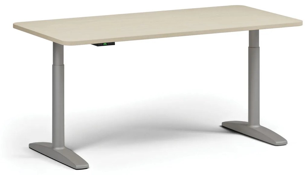 Výškově nastavitelný stůl OBOL, elektrický, 675-1325 mm, zaoblené rohy, deska 1600x800 mm, šedá zaoblená podnož, dub přírodní