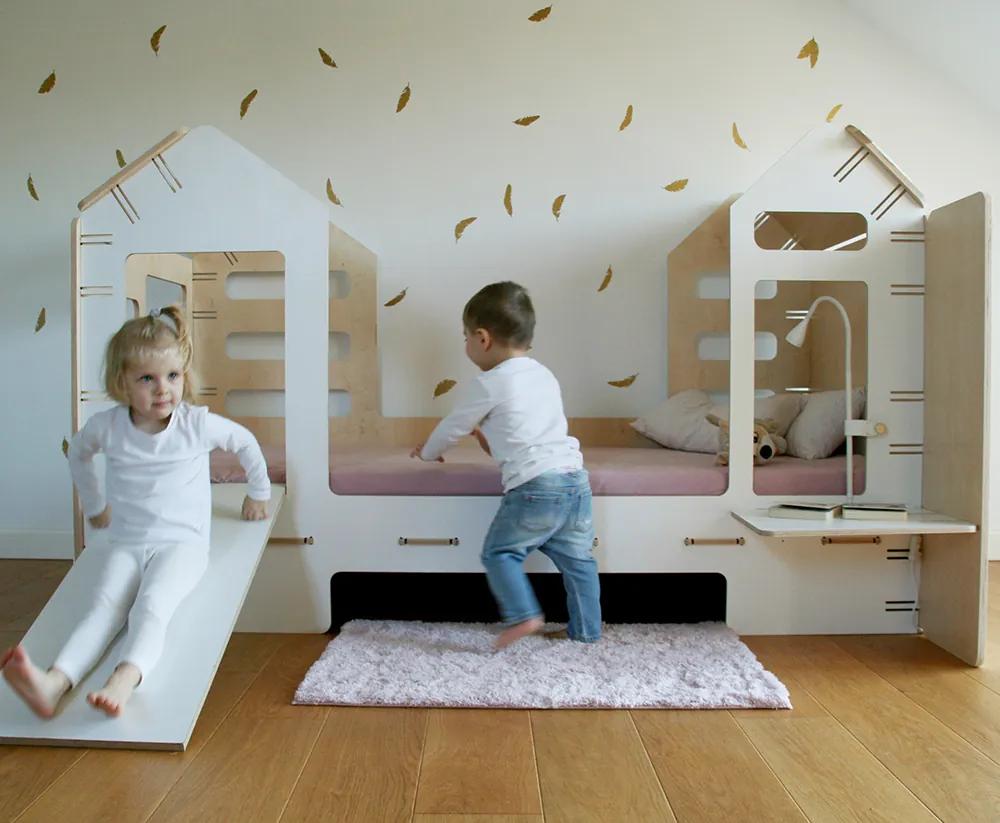 Myminihome Dětská domečková postel se skluzavkou a lampičkou Zvolte barvu: Béžová, Zvolte rozměr: 90x200 cm, Zvolte stranu: Vlevo