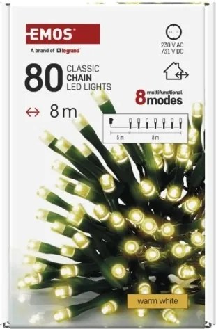 Vánoční osvětlení EMOS D4AW22 80LED řetěz 8m teplá bílá programy s časovačem