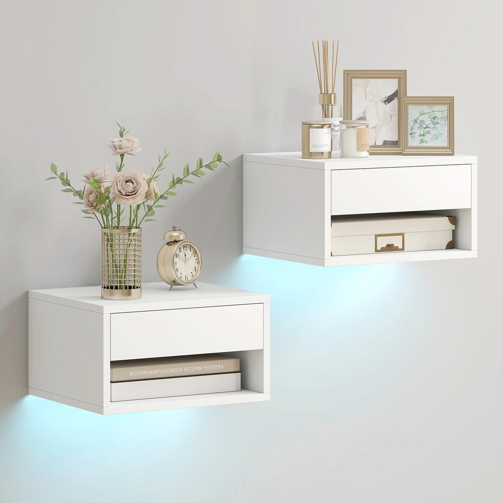 HOMCOM Noční stolek 2dílná sada s RGB LED osvětlením, závěsná noční skříňka s šuplíkem a otevřenou přihrádkou, bílá