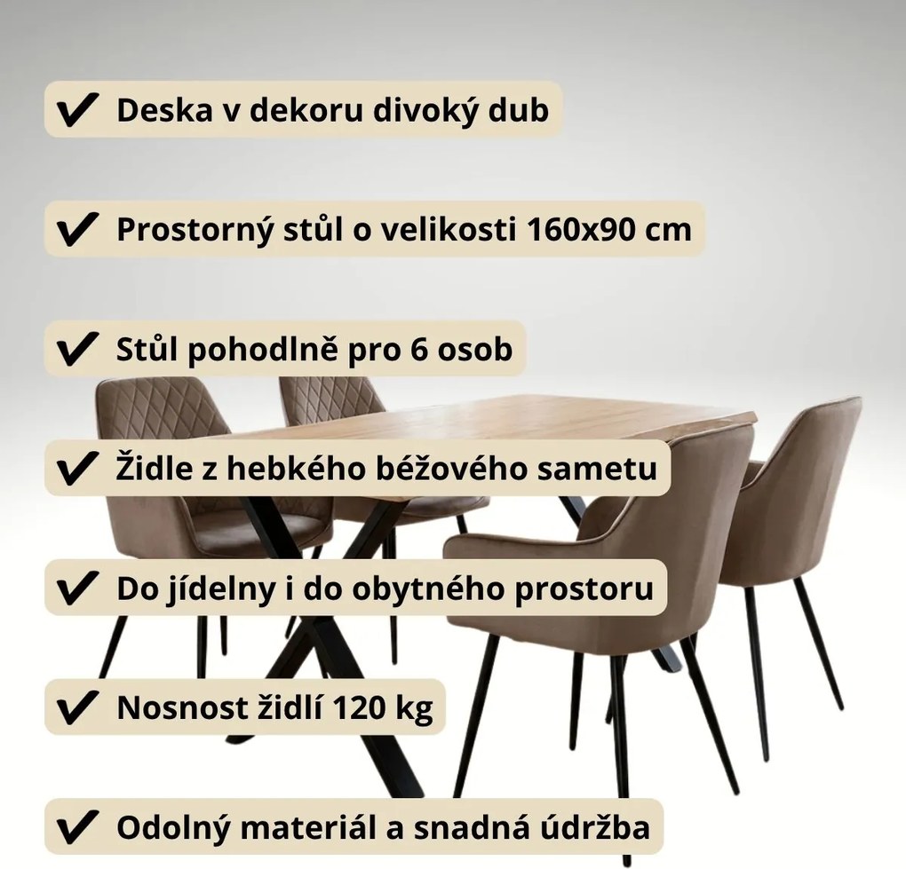 Vikio Jídelní set pro 4 osoby 160x90 cm soft dub noha X béžová židle s područkami VJS226-4CA