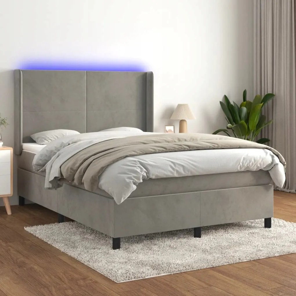 Box Spring Postel S Matrací A Led Samet Světle Šedá Hladký design 140 x 2