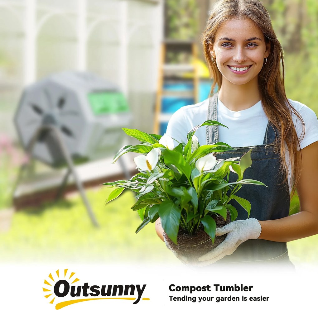 Bubnový kompostér Outsunny 160 l s možností otáčení a 2 přihrádkami na organický odpad, účinný a robustní, zahradní kompostér v šedé barvě
