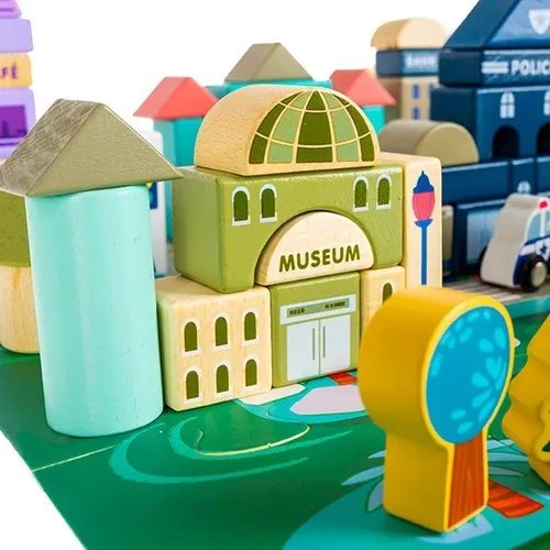 Montessori dřevěné kostky Kruzzel 23519 s podložkou veselé město 115 ks