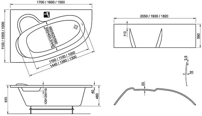 Ravak Vana asymetrická 160×105 cm pravá,     ASYMMETRIC 160 P   C471000000 ASYMMETRIC 160 P