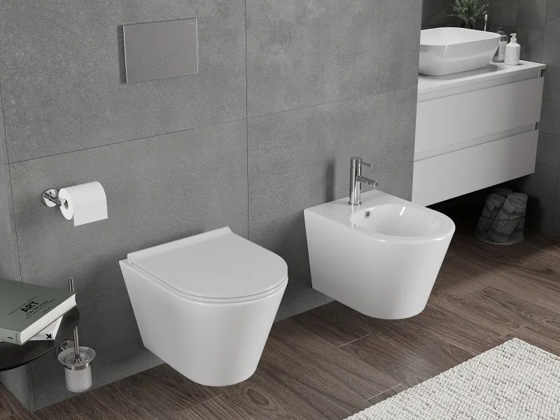 Mexen Rico, závěsná WC mísa 490x360x370 mm, Rimless Tornádo + WC sedátko z duroplastu, bílá lesklá, 30720500T