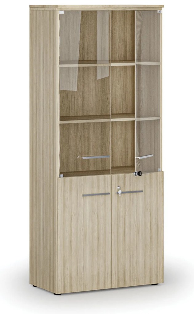 Kombinovaná kancelářská skříň PRIMO WOOD s dřevěnými a skleněnými dveřmi, 800 x 420 x 1781 mm, dub přírodní
