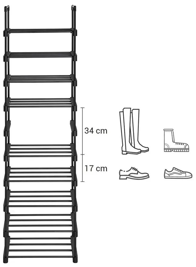 Stohovatelný regál na boty TUBE, 10 polic, 45x30x174cm, černá SongmicsHome