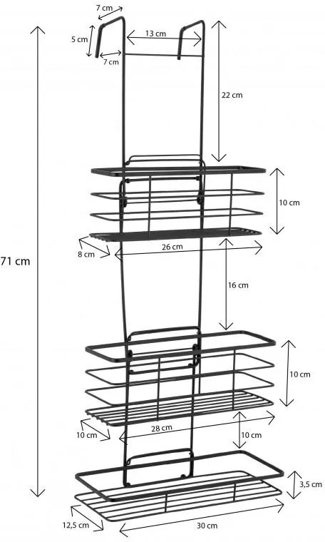 Erga Rafek, trojitá koupelnová polička do sprchy na zavěšení 30x12,5x71 cm, černá matná, ERG-YKA-CH.RAFEK-BLK