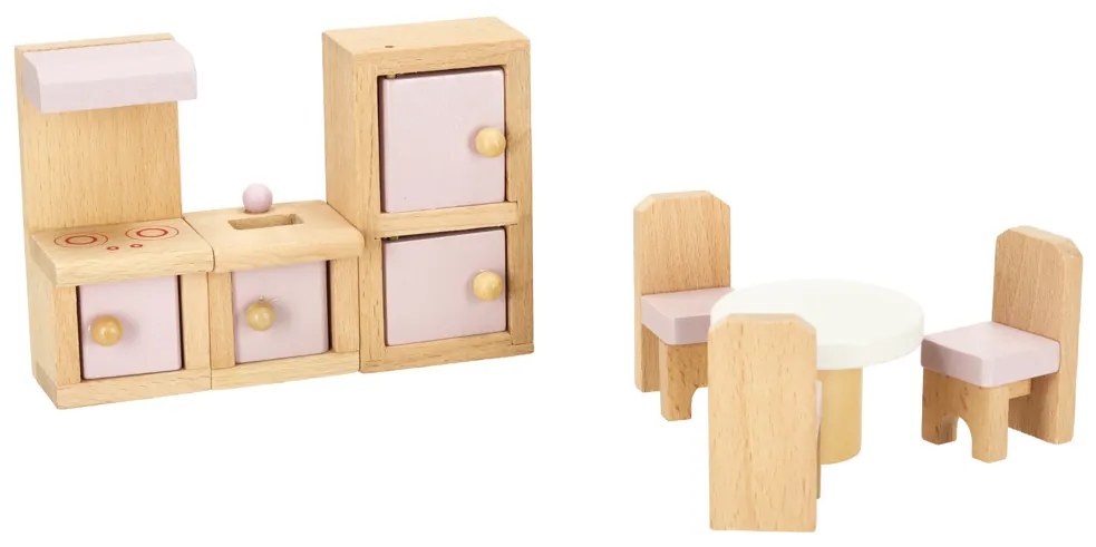 Creative Corner Domeček pro panenky nábytek obývací pokoj ložnice koupelna kuchyně dřevěný růžový