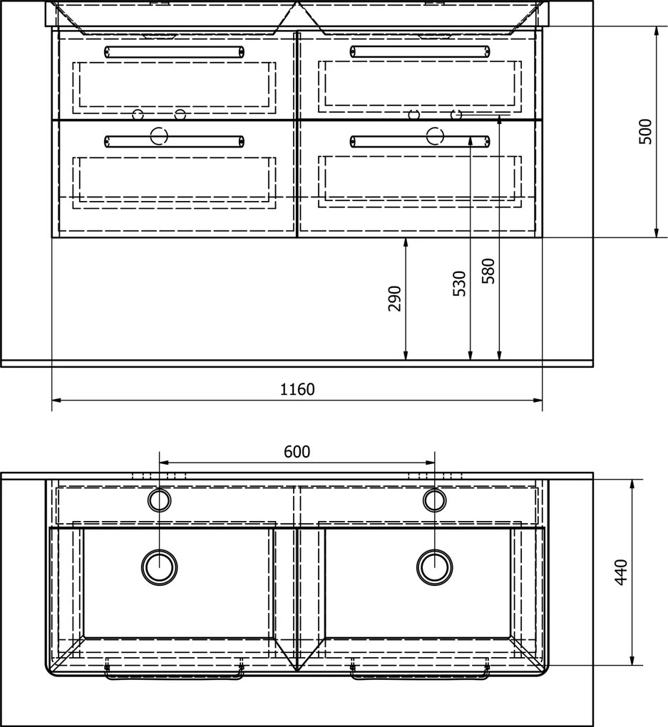 Sapho Theia dvojumyvadlová skříňka 116 x 50 x 44,2 cm 4x zásuvka bílá TH120-3030