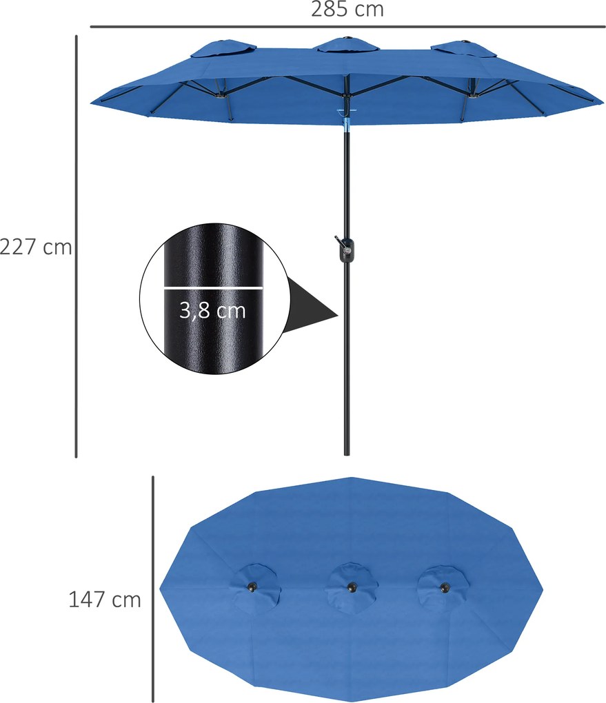 Slunečník, zahradní slunečník, sklápěcí, s ruční klikou, větrná stříška, polyester+ocel, tmavě modrá, 285 x 147 cm