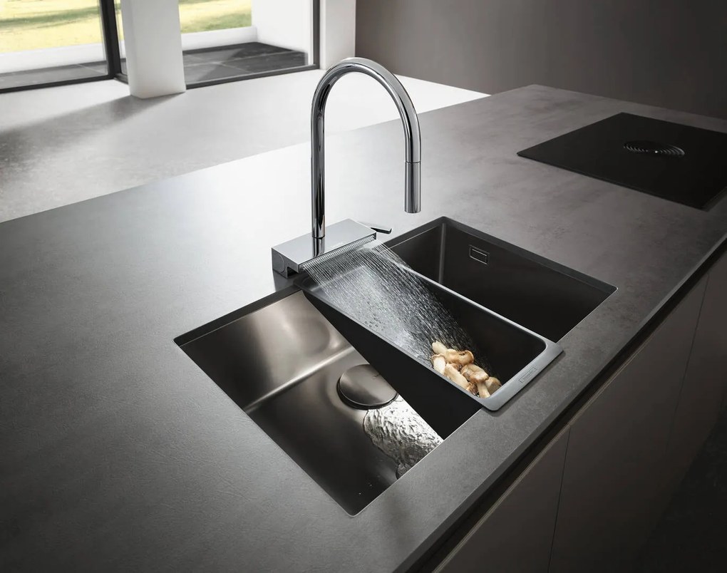 Hansgrohe M81, dřezová baterie Aquno Select s výsuvnou koncovkou a plochým sprchovým proudem, chromová, 73837000