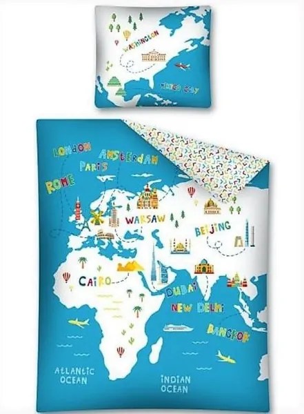 Carbotex dětské povlečení bavlna Mapa světa 140x200+70x80 cm