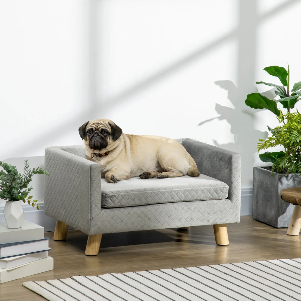 PawHut pohovka pro psy sametová dotyková pohovka pro malé psy do 8 kg s dřevěnými nohami šedá 64x45x36cm pro stylový nábytek pro domácí mazlíčky | Ao…