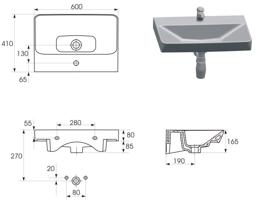 Cersanit Mille Slim, skříňkové umyvadlo 60x41 cm, bílá, K675-002