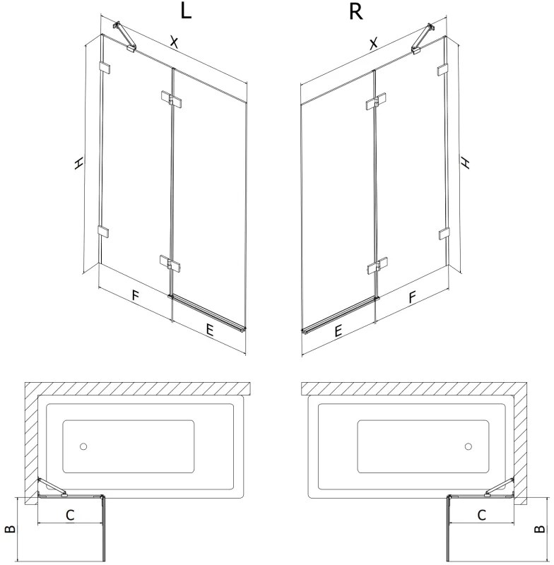 Mexen Lunar, 2-křídlová vanová zástěna levá 100 x 150 cm, čiré sklo, broušená ocel, 897-100-100-97-00-L