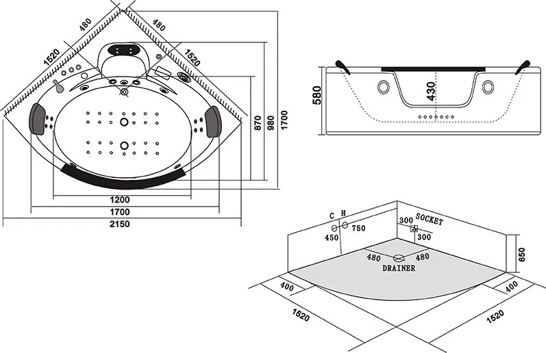 BPS-koupelny Hydromasážní vana HYD-TI604H 152x152 s ohřevem vody