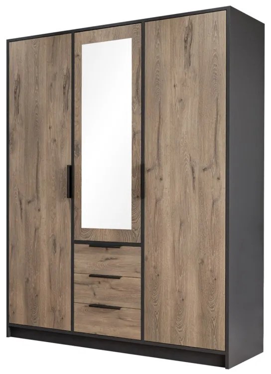 Šatní skříň se zrcadlem Pangaz D3, Barva: Černá/Dub viking, Nástavec: Ano