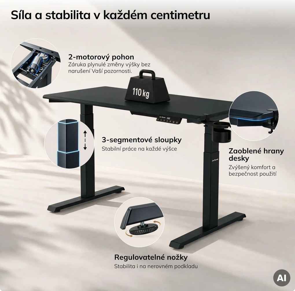 Elektrický stůl s nastavením výšky ergonomický antracitový,1200x600 mm: ARIA