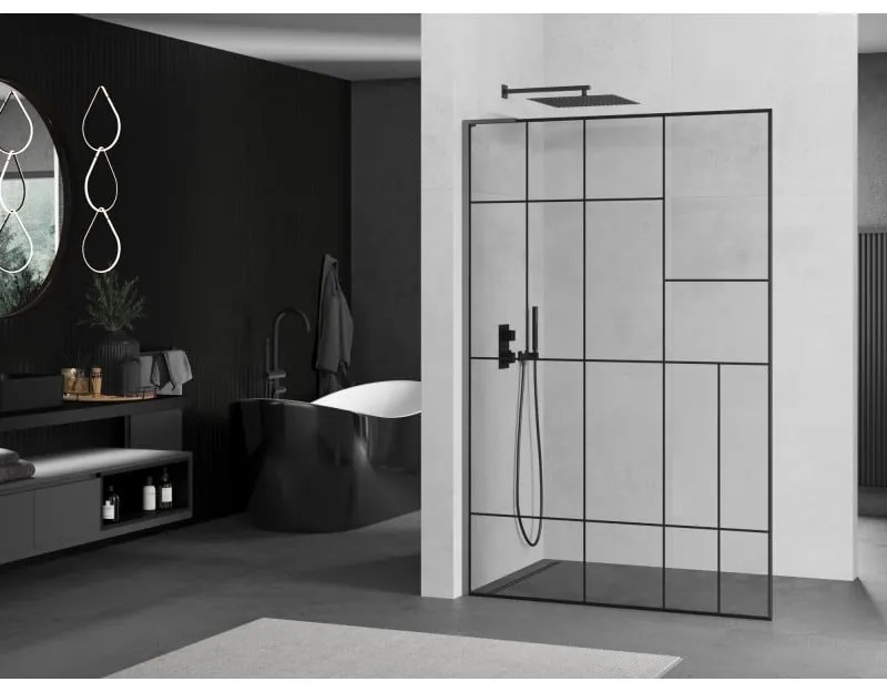 Mexen Kioto L, sprchová zástěna Walk-In 80 x 200 cm, 8mm čiré sklo černý vzor, grafitový profil, 800-080-103-95-78
