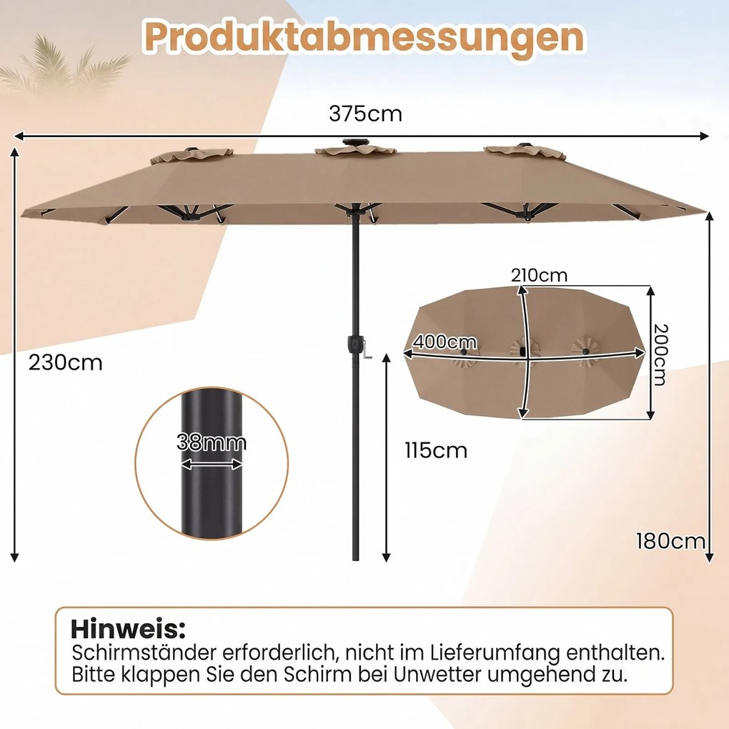 Costway Dvojitý slunečník s LED osvětlením Obdélníkový – 400 × 210 cm, hnědý