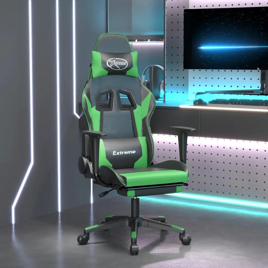 Masážní herní židle s podnožkou černá a zelená umělá kůže,  345460