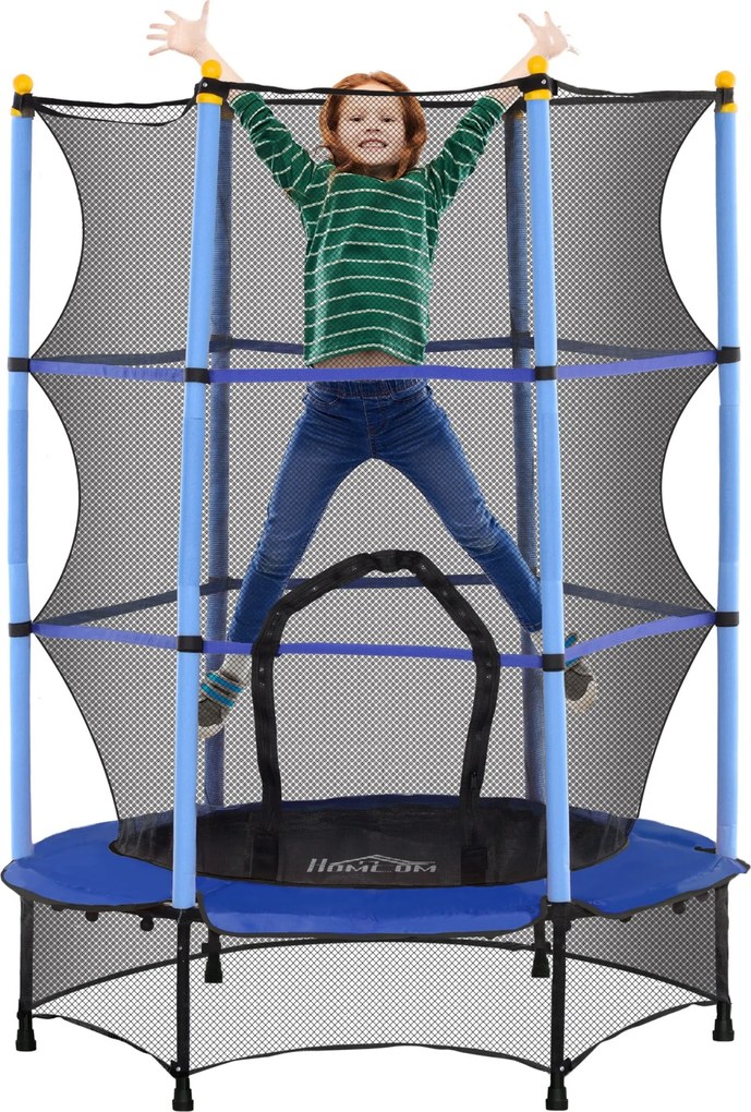 HOMCOM Dětský Trampolína Ø140 cm, Trampolína s Ochrannou Síťkou, Krytem Okrajů, Zahradní Trampolína pro Děti 3-10 Let, Do 50 kg, Modrá | Aosom