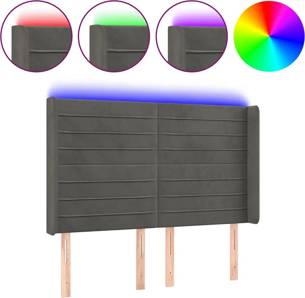 Čelo postele s LED tmavě šedé 147 x 16 x 118/128 cm samet 3124237