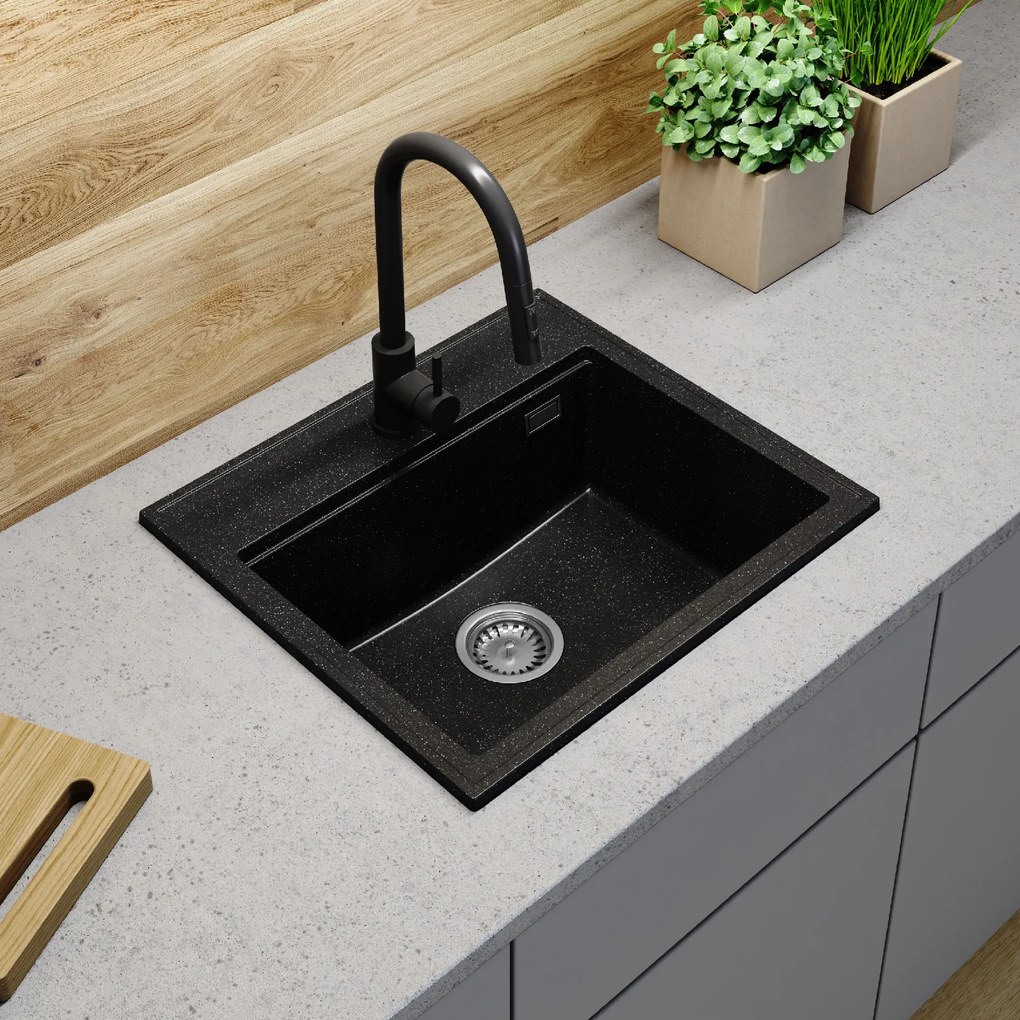 Sink Quality Ferrum New 5055, 1-komorový granitový dřez 560x500x210 mm + chromový sifon, černá skvrnitá, SKQ-FER.5055.BP.X