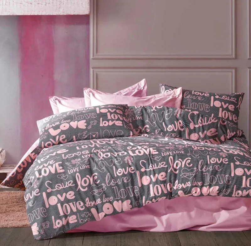 Ervi bavlněné povlečení oboustranné - s nápisem LOVE/ružové