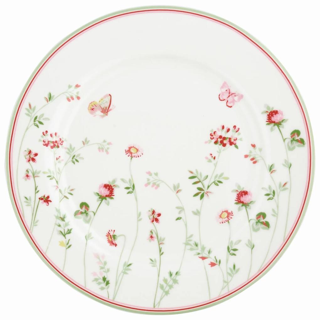 GREEN GATE Obědový talíř Camille white 25cm, růžová barva, zelená barva, porcelán