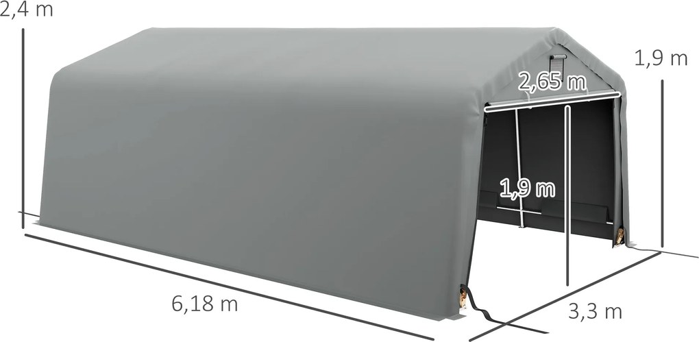 Stan pro parkování Autosunny 6,2L x 3,3W x 2,4H m, robustní pozinkovaná ocel, vysokohustotní PE 150 g/m², voděodolný, anti-UV, světle šedý, 1 vchod a