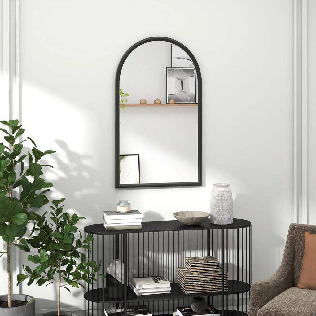 HOMCOM nástěnné zrcadlo s obloukem, 110 x 65 cm, dřevěný rám, obloukové zrcadlo pro obývací pokoj, ložnici, chodbu, černé
