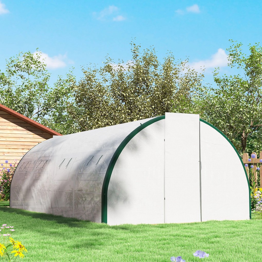 Outsunny Tunelový Skleník 6x3m s 2 Dveřmi a 8 Okny, Zahradní Skleník z PE, Polyesteru a Pozinkované Oceli, Bílý a Zelený
