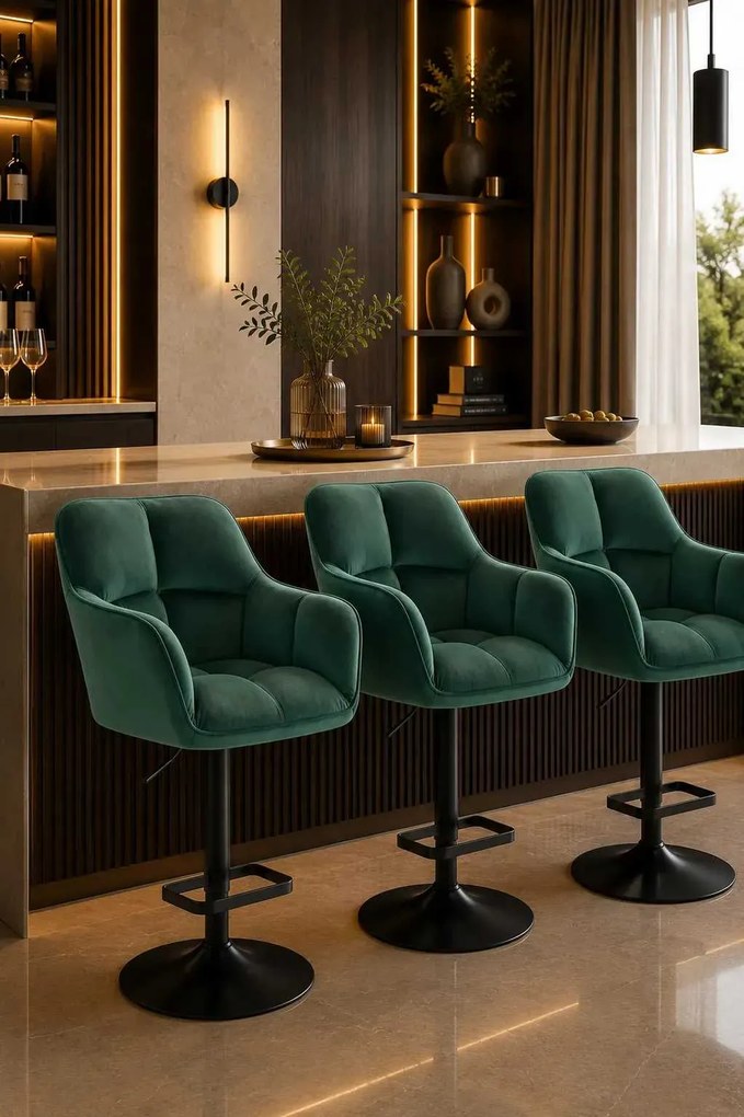 LuxuryForm DESIGN Barová židle AMALFI VELUR na černé kulaté podstavě - zelená