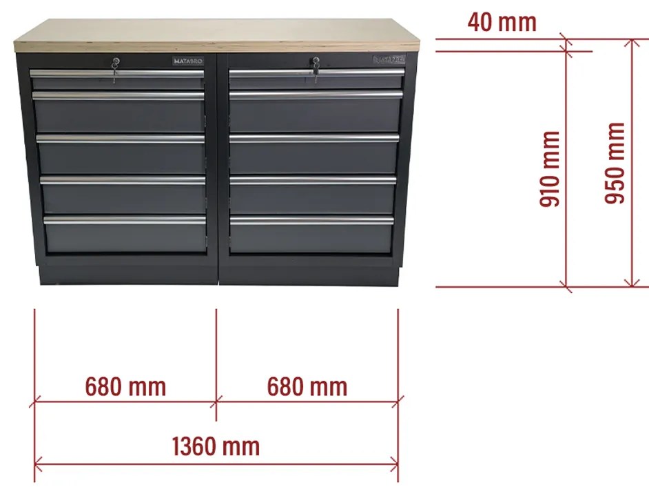 AKČNÍ SET Dílenské skříňky MB-TGC1305 s dřevěnou pracovní deskou MB-TGW53
