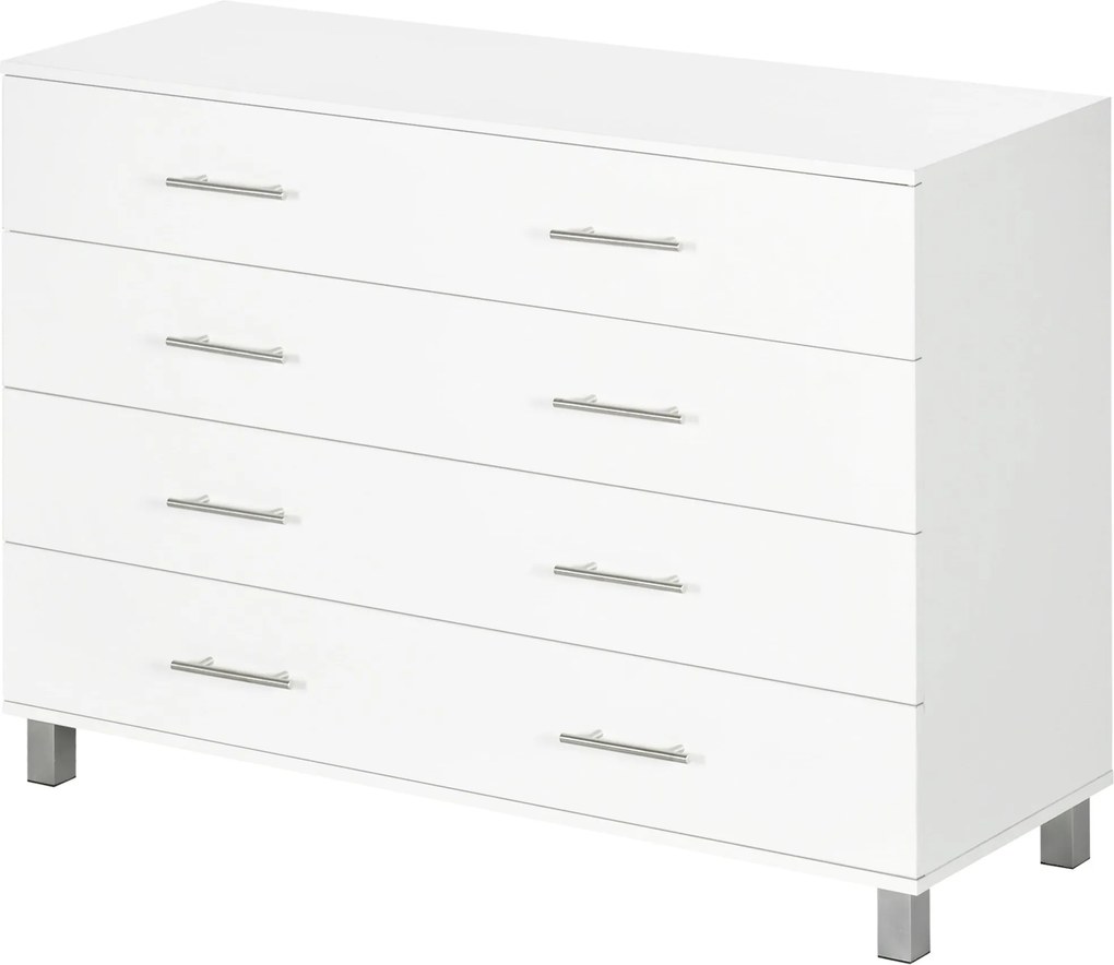 HOMCOM Komoda se 4 zásuvkami pro ložnici s nohami Moderní noční stolek do obývacího pokoje, kanceláře, předsíně 112x38,2x81 cm Bílá | Aosom
